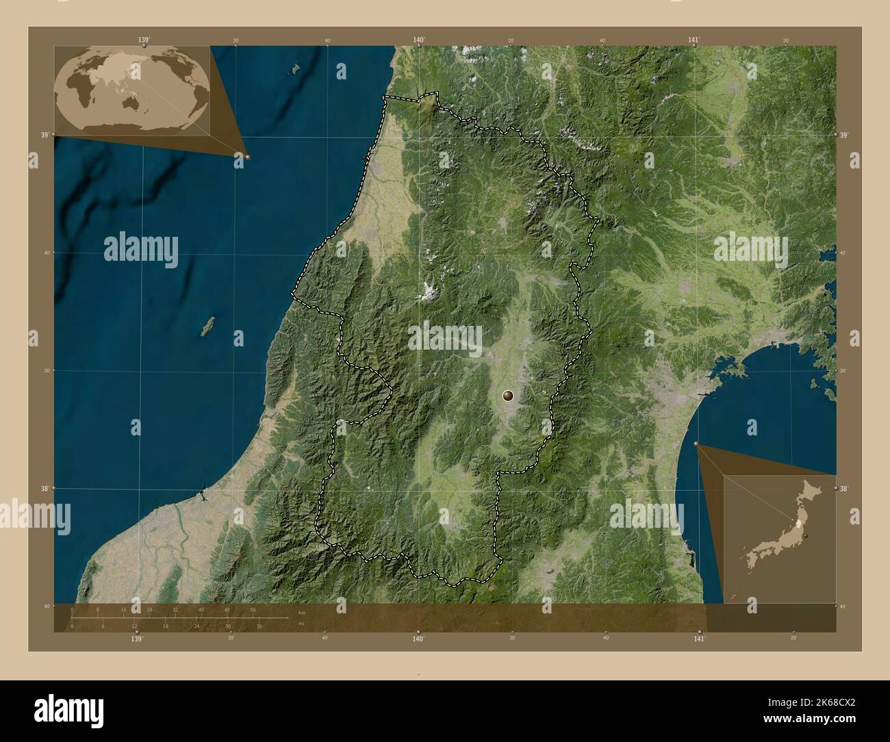 Yamagata, prefecture of Japan. Low resolution satellite map. Corner ...