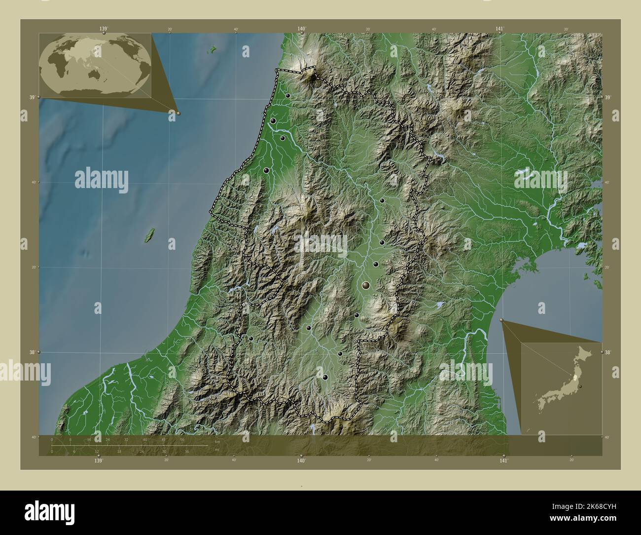 Yamagata, prefecture of Japan. Elevation map colored in wiki style with ...