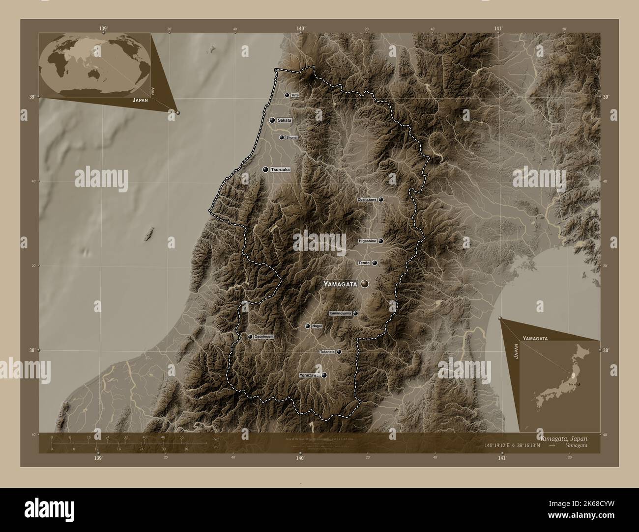 Yamagata, prefecture of Japan. Elevation map colored in sepia tones ...
