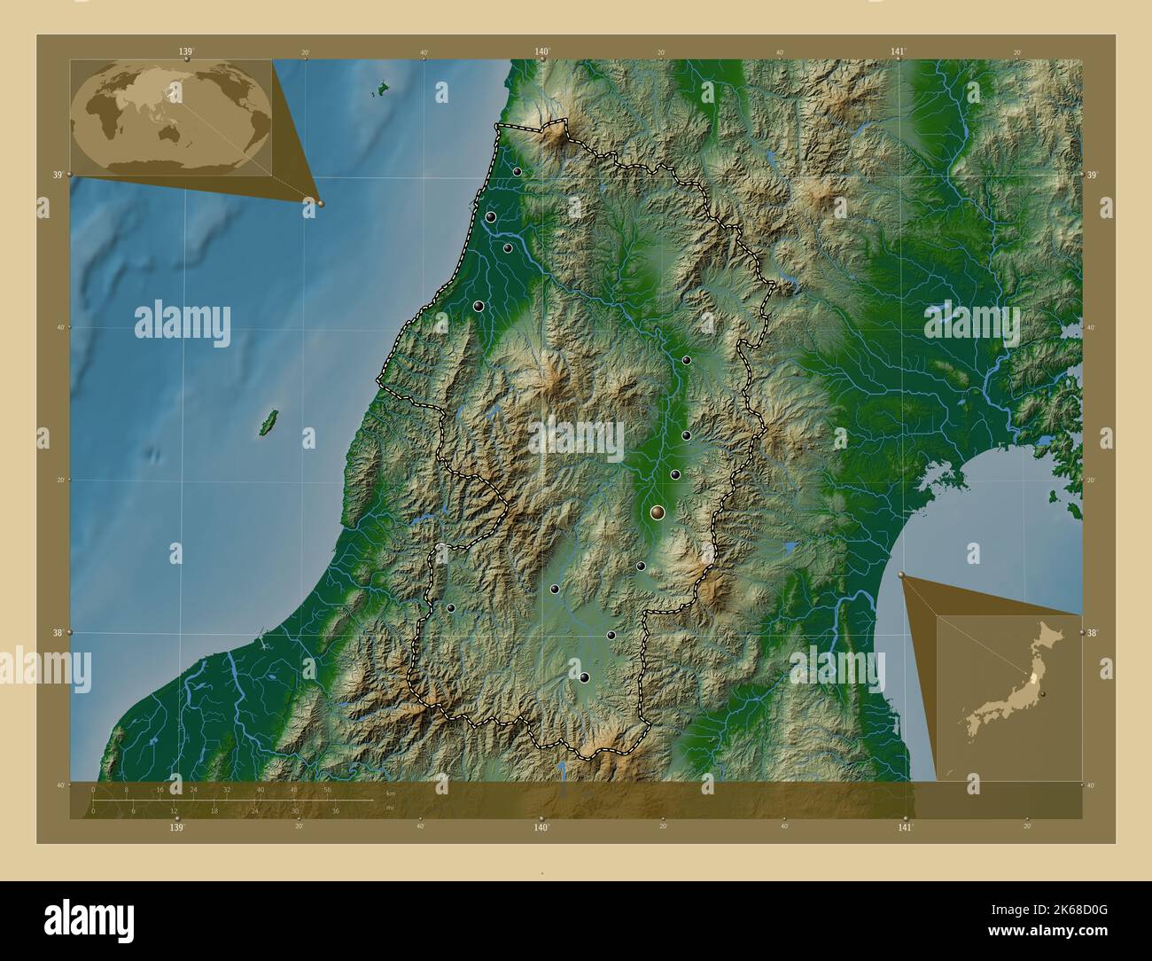 Yamagata, prefecture of Japan. Colored elevation map with lakes and ...