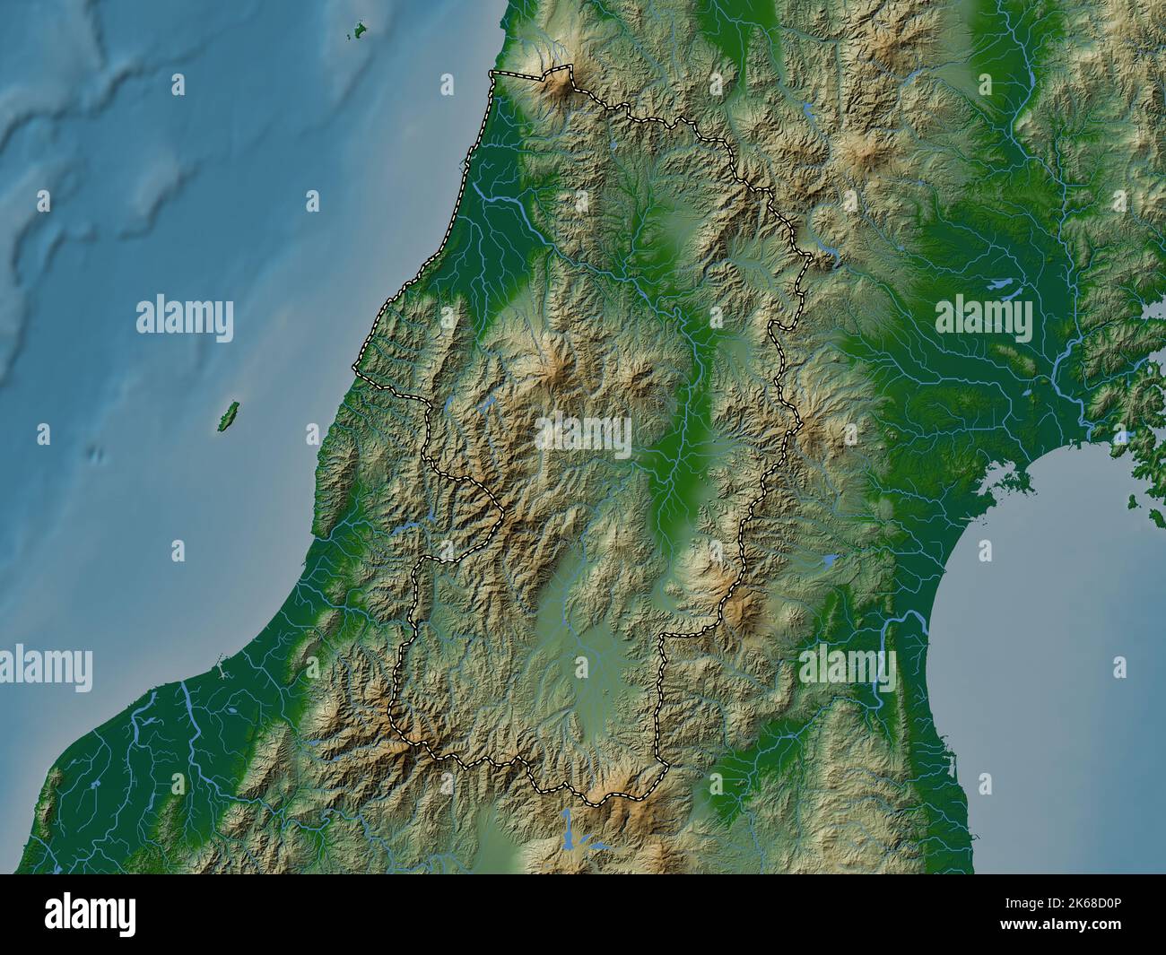 Yamagata, prefecture of Japan. Colored elevation map with lakes and ...