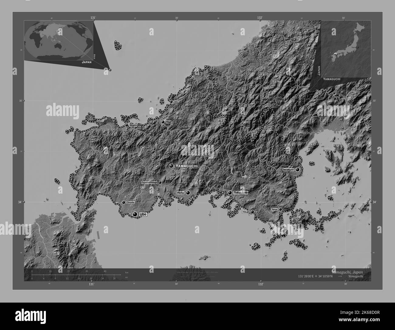 Yamaguchi, prefecture of Japan. Bilevel elevation map with lakes and ...