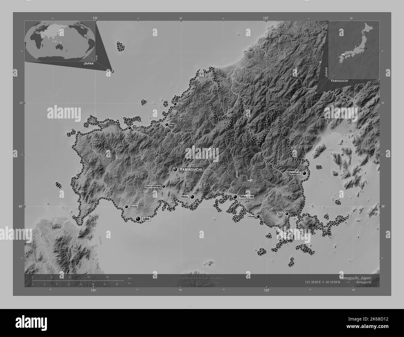 Yamaguchi, prefecture of Japan. Grayscale elevation map with lakes and ...