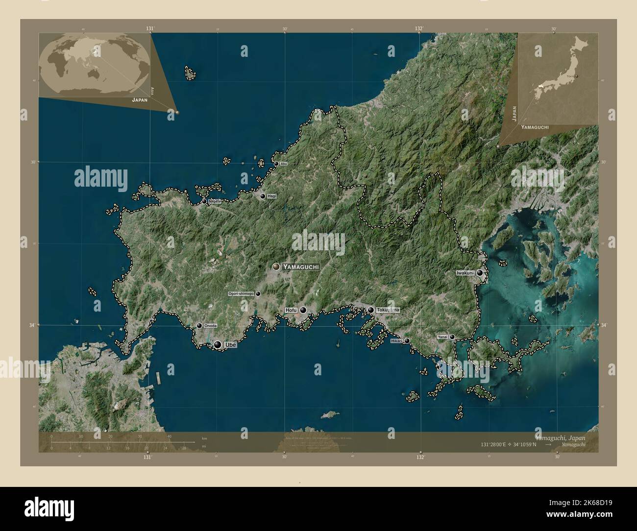 Yamaguchi, prefecture of Japan. High resolution satellite map ...