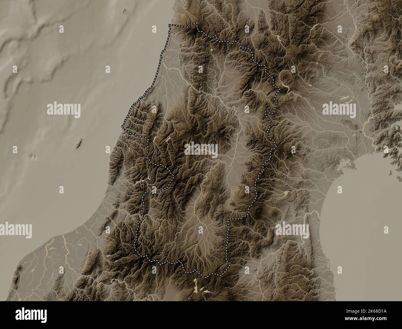 Yamagata, prefecture of Japan. Elevation map colored in sepia tones ...
