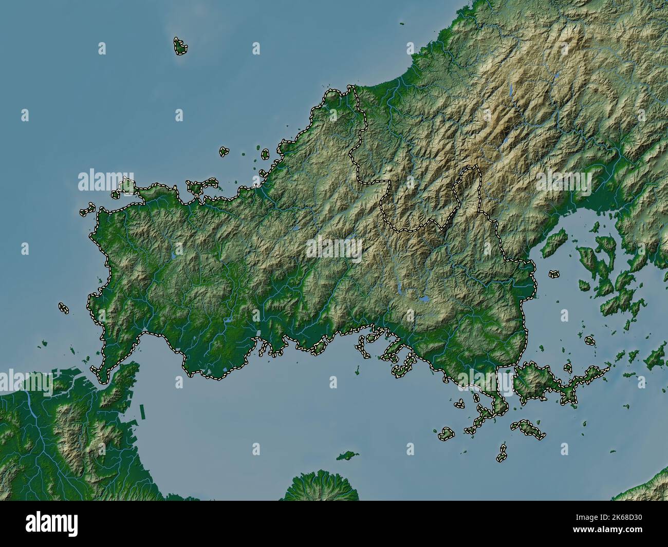 Yamaguchi, prefecture of Japan. Colored elevation map with lakes and ...