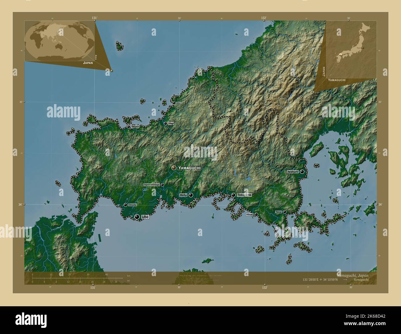 Yamaguchi, prefecture of Japan. Colored elevation map with lakes and ...