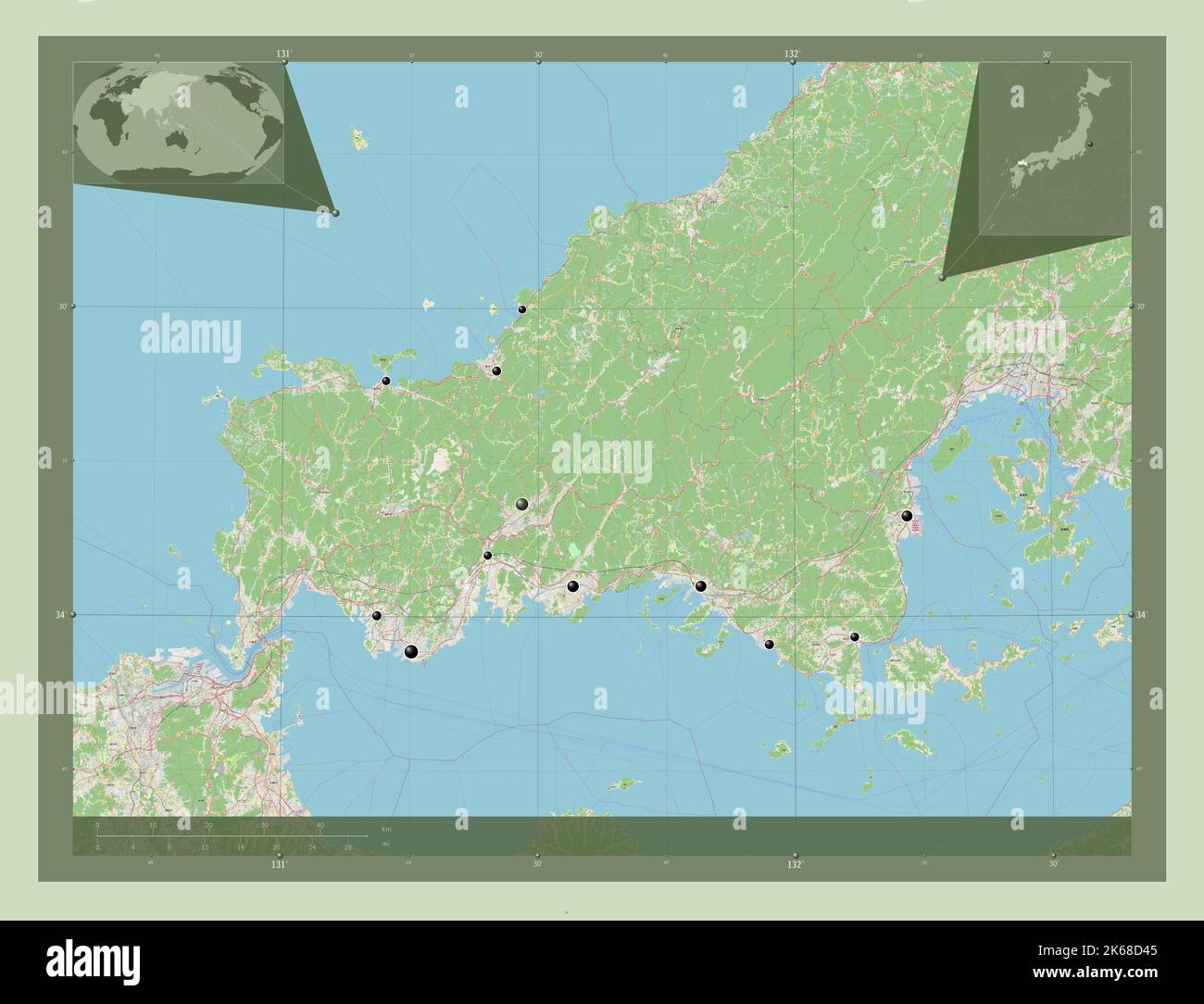 Yamaguchi, prefecture of Japan. Open Street Map. Locations of major ...