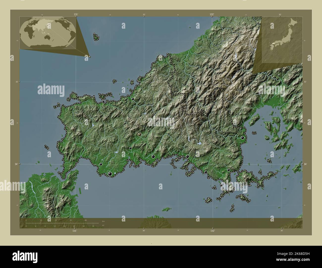 Yamaguchi, prefecture of Japan. Elevation map colored in wiki style ...