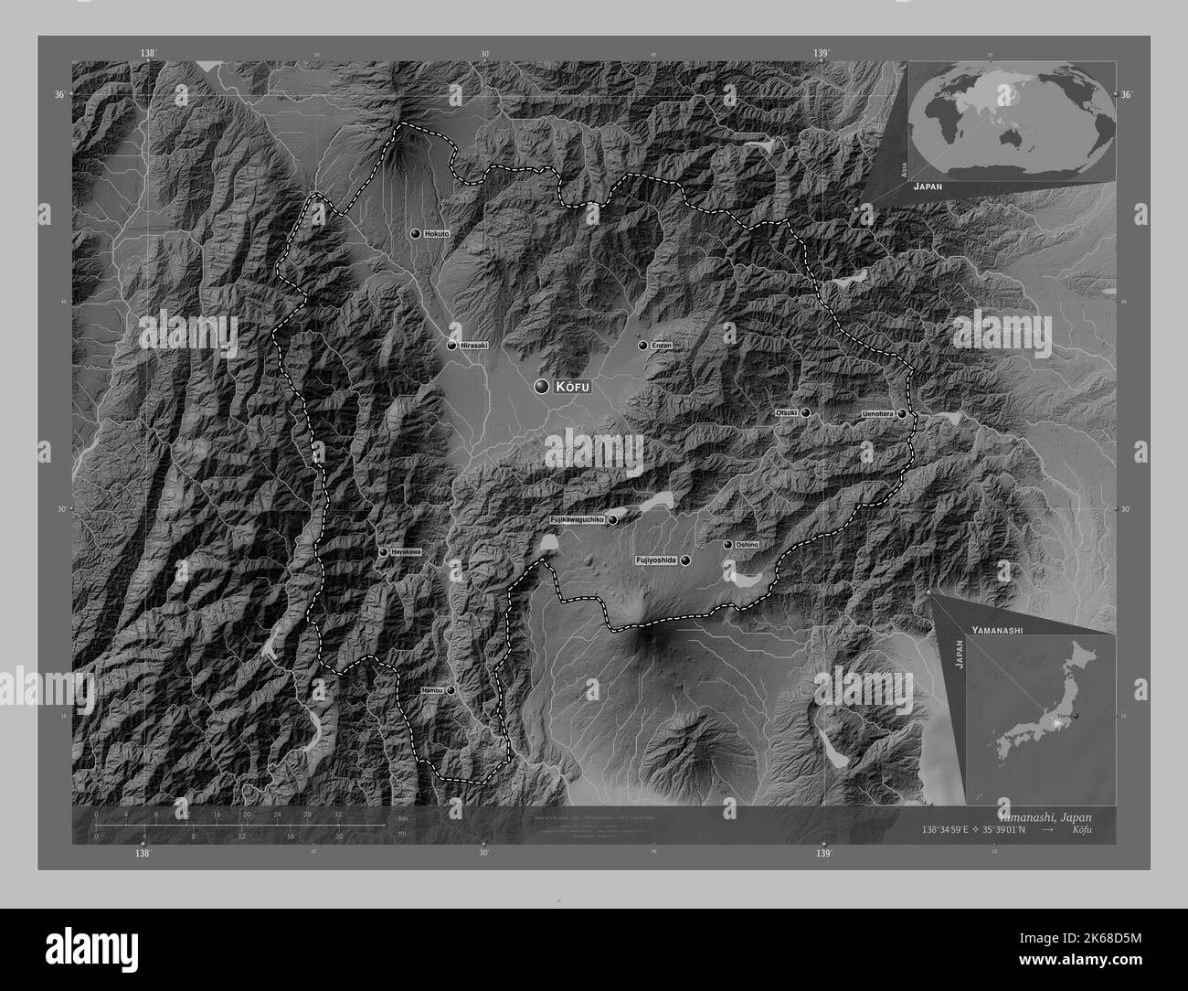 Yamanashi, prefecture of Japan. Grayscale elevation map with lakes and ...