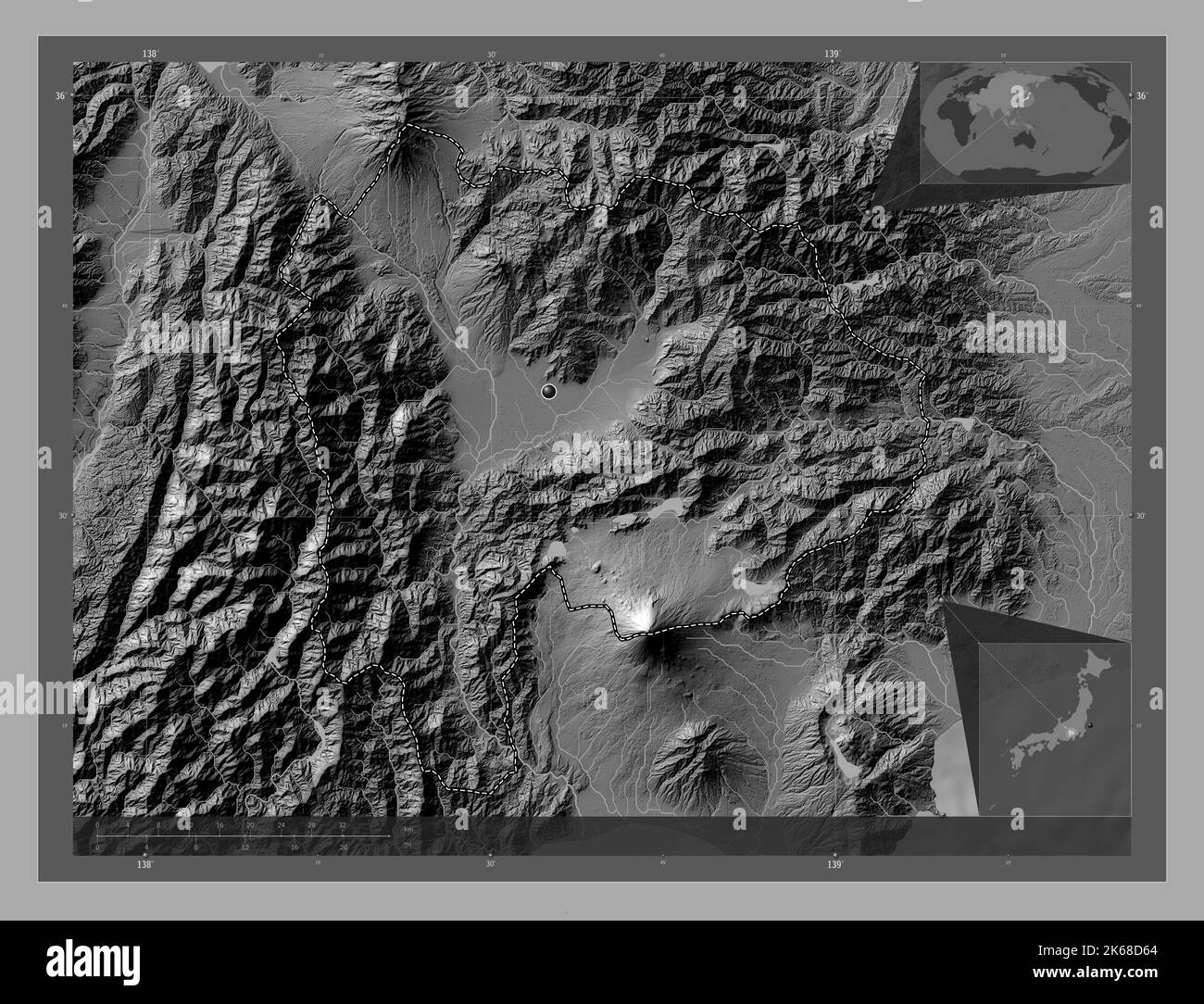 Yamanashi, prefecture of Japan. Bilevel elevation map with lakes and ...
