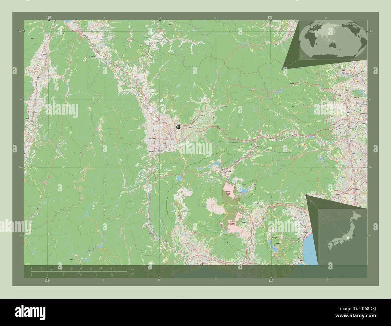 Yamanashi, prefecture of Japan. Open Street Map. Corner auxiliary ...