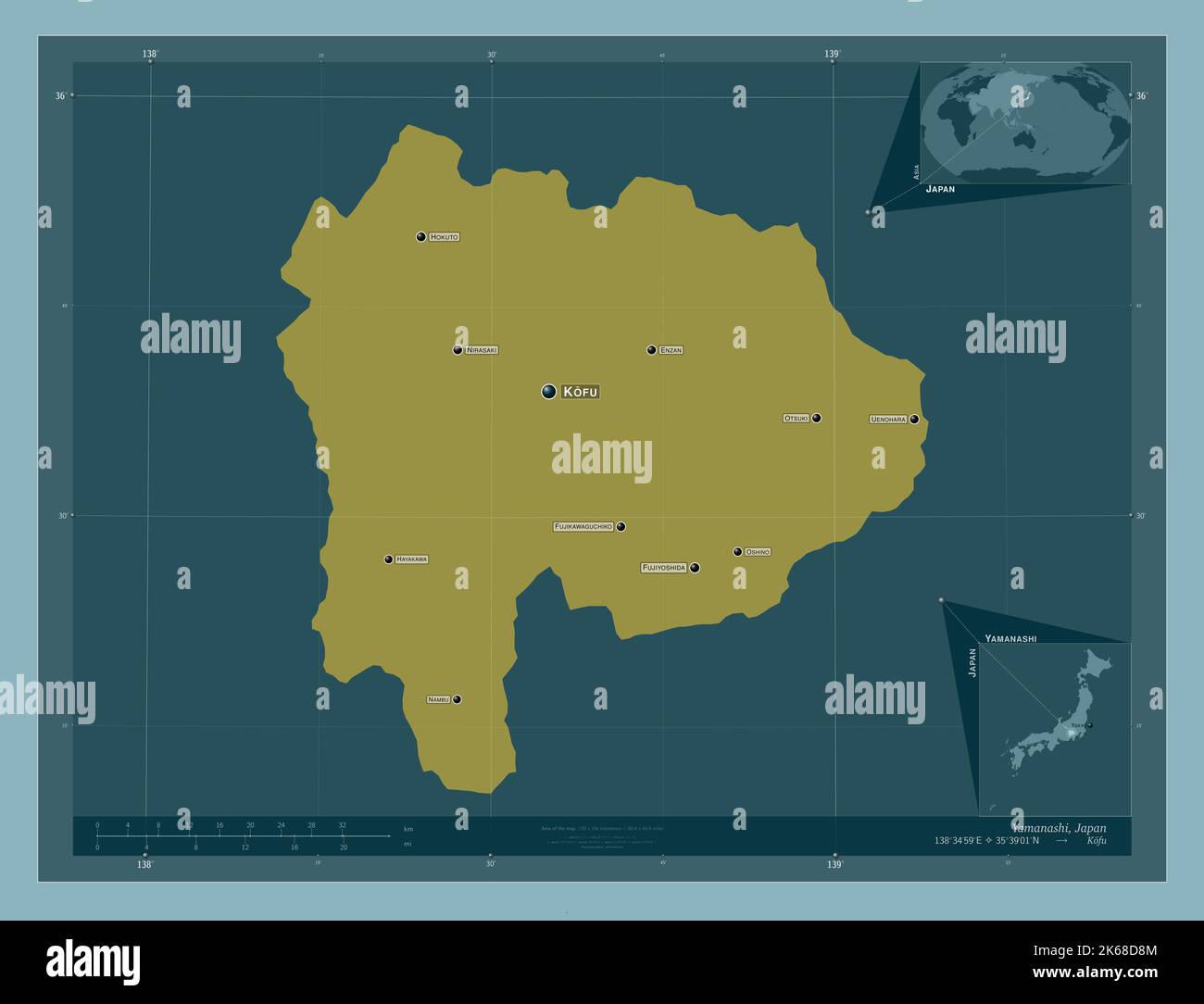 Yamanashi, prefecture of Japan. Solid color shape. Locations and names ...