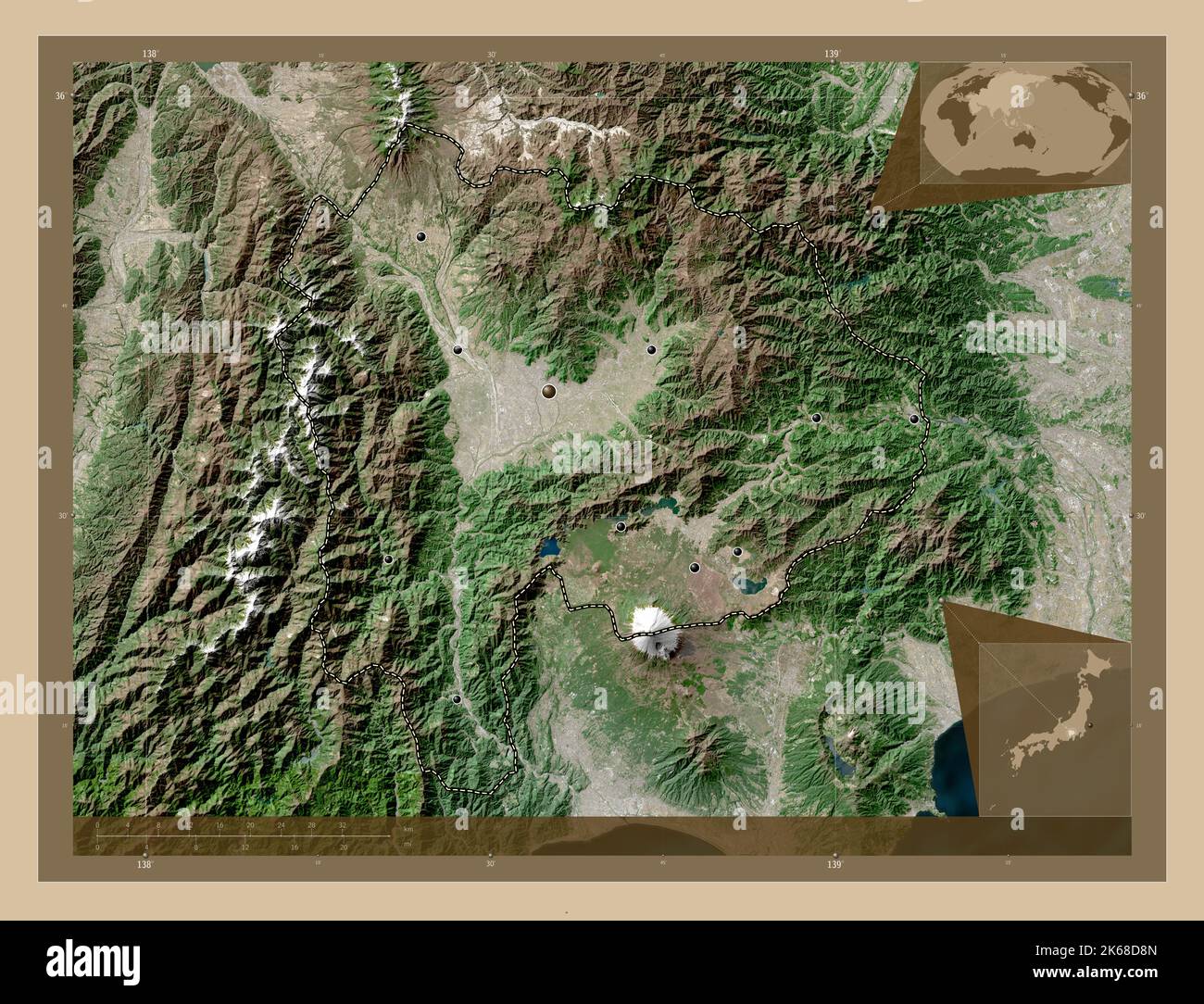 Yamanashi, prefecture of Japan. Low resolution satellite map. Locations ...