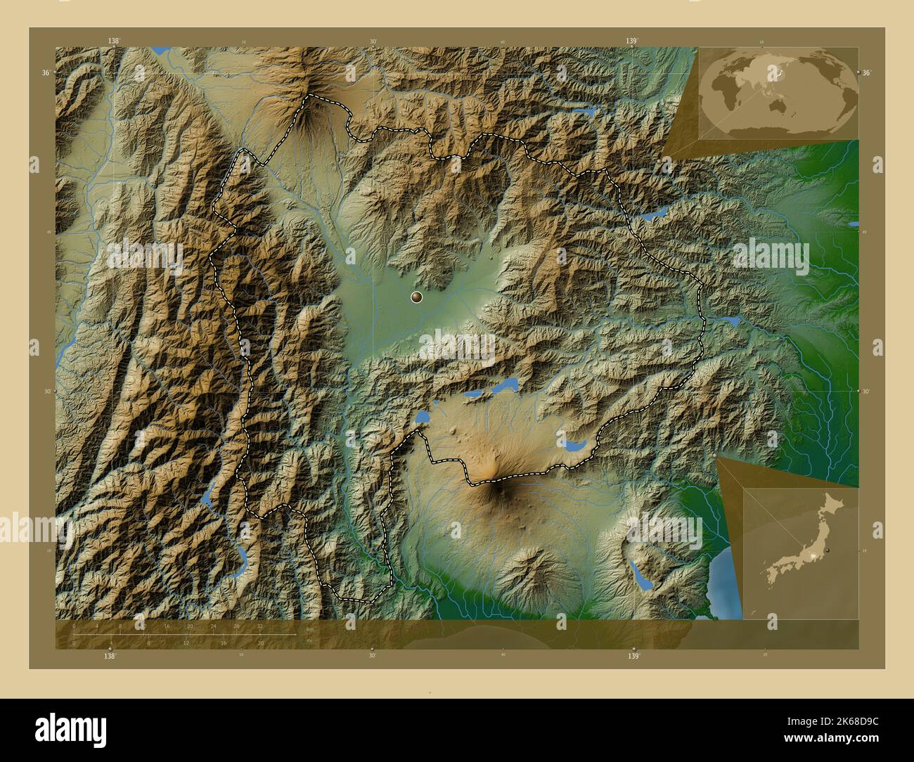 Yamanashi, prefecture of Japan. Colored elevation map with lakes and ...