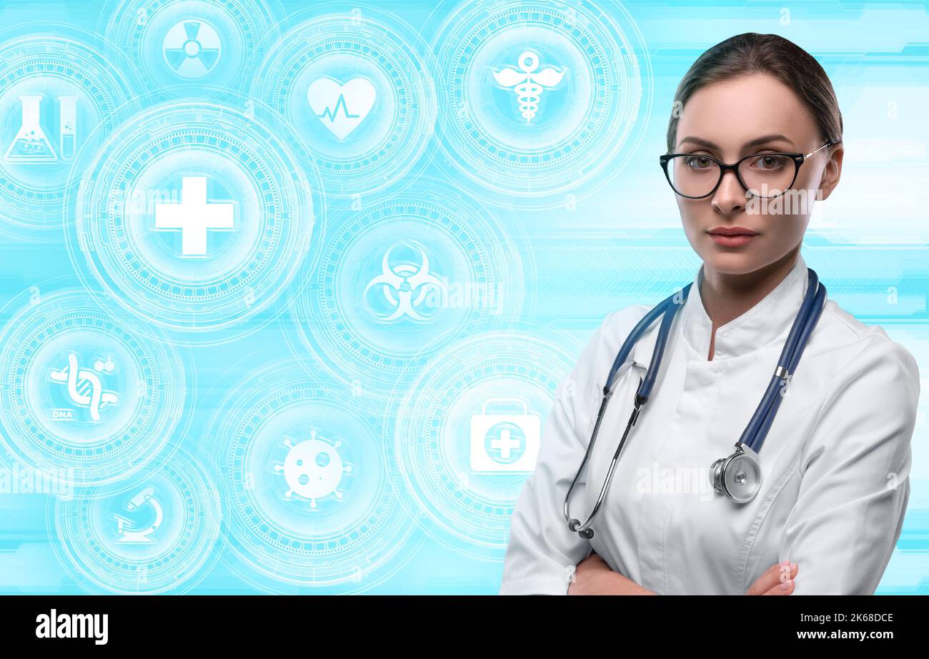 Female doctor on blue, cyan and white futuristic medical or biotech ...