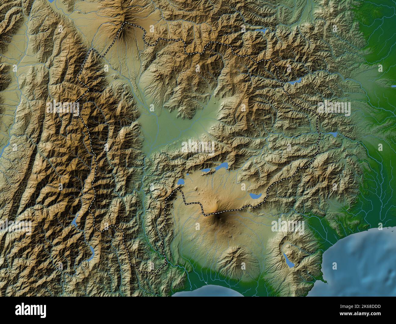 Yamanashi, prefecture of Japan. Colored elevation map with lakes and ...