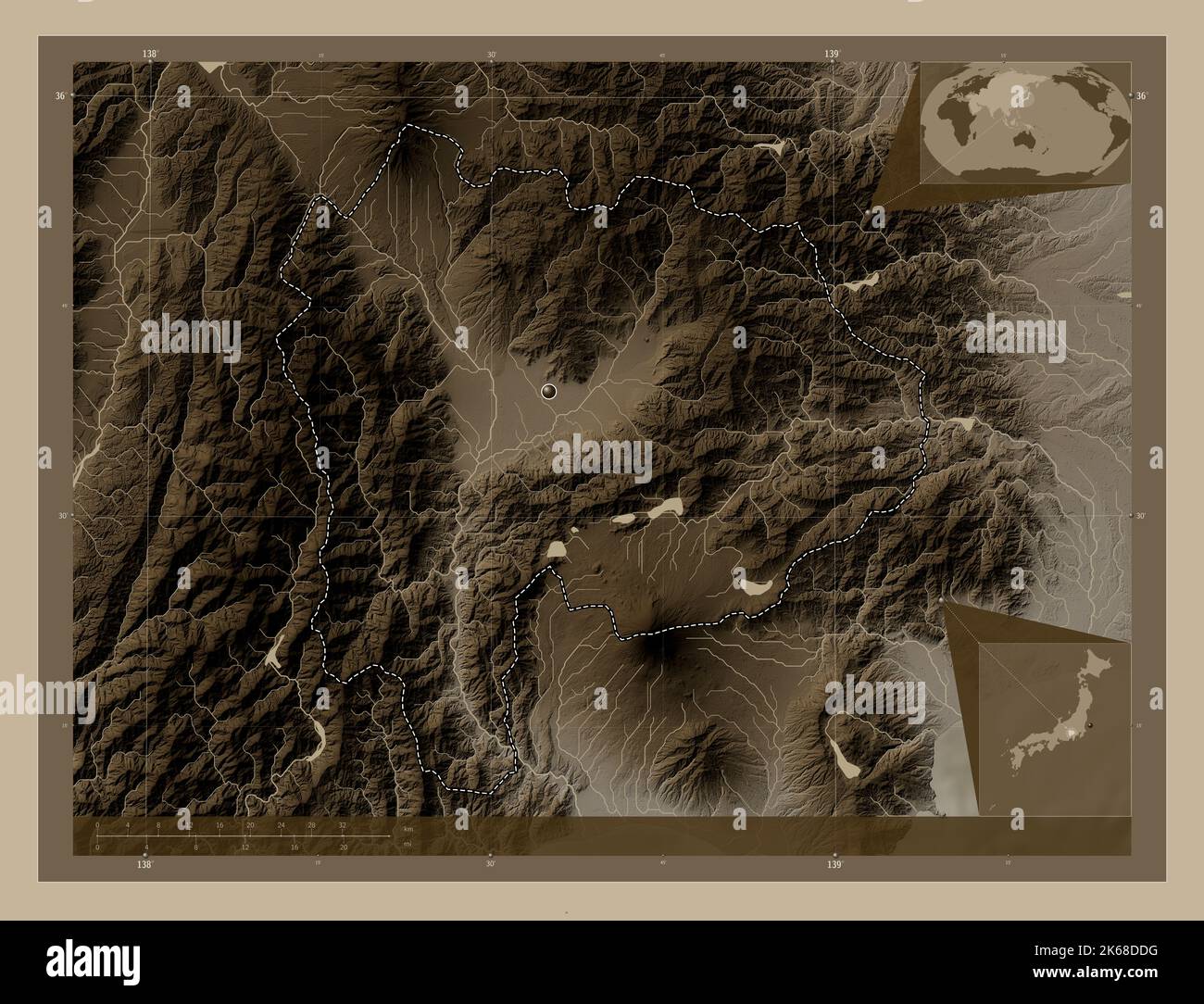 Yamanashi, prefecture of Japan. Elevation map colored in sepia tones ...