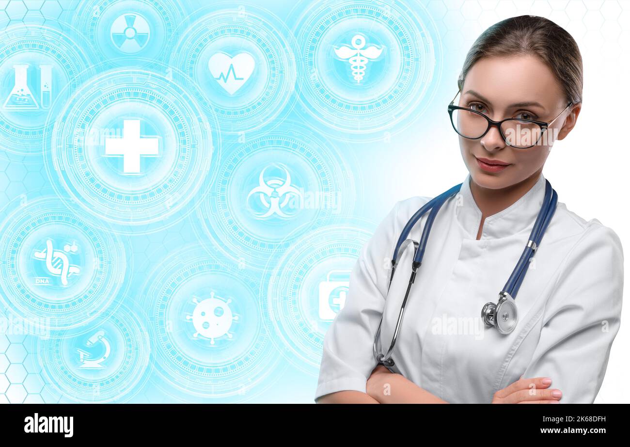 Female doctor on blue, cyan and white futuristic medical or biotech ...