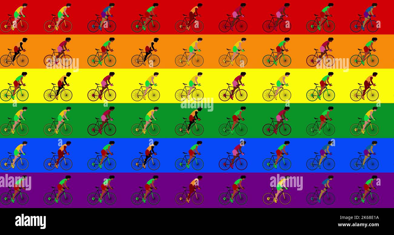 Multicultural group cyclists are riding bicycles lgbt flag background ...