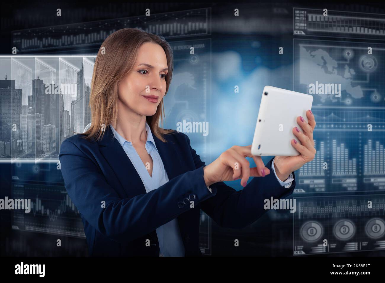 Future technology with holographic interface. Futuristic business woman ...