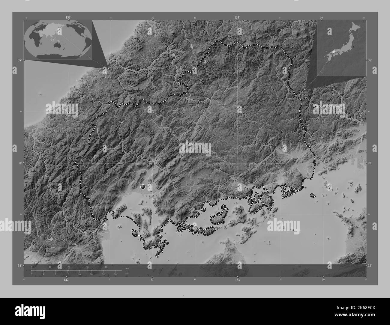 Hiroshima, prefecture of Japan. Grayscale elevation map with lakes and ...
