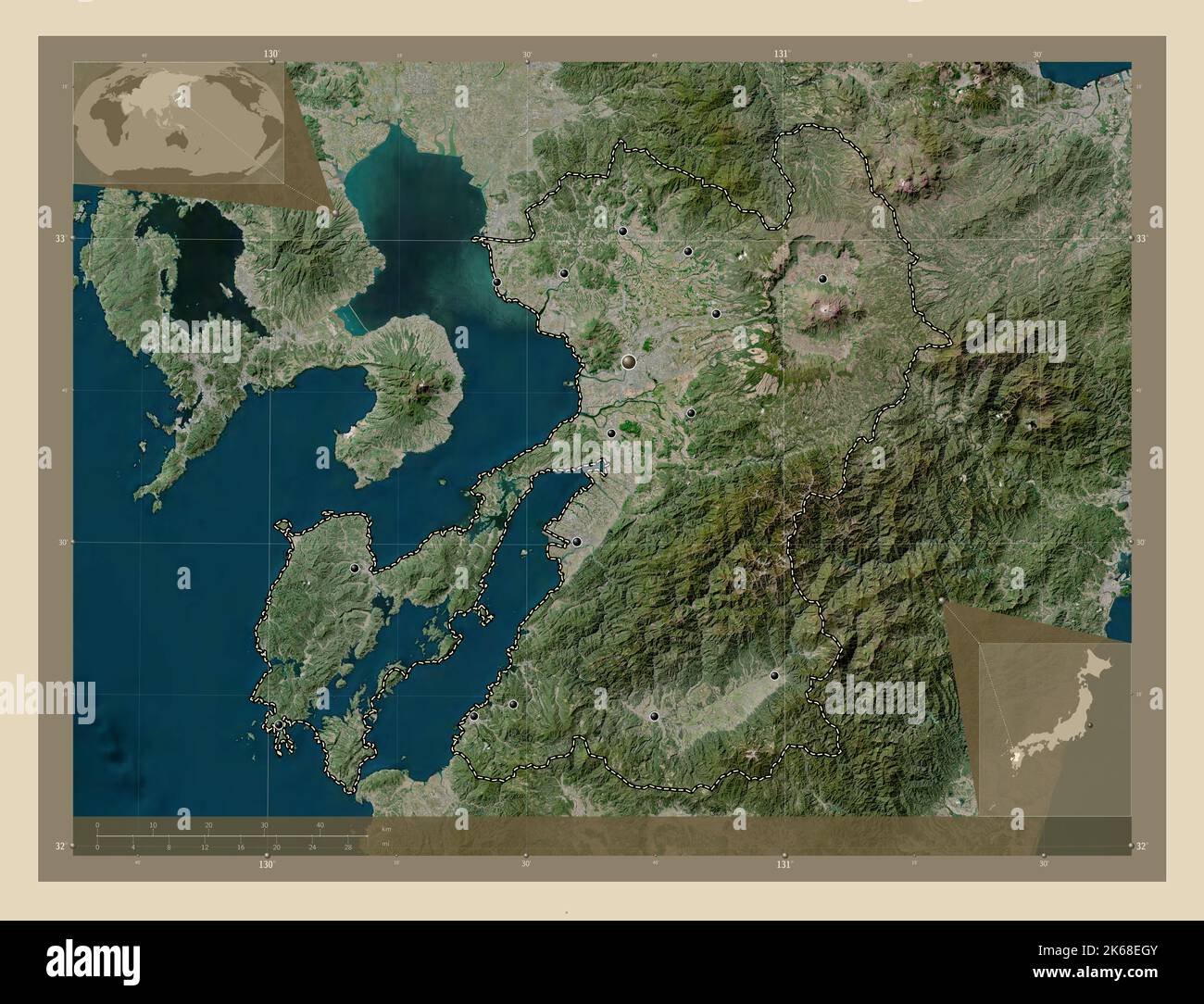 Kumamoto, prefecture of Japan. High resolution satellite map. Locations ...