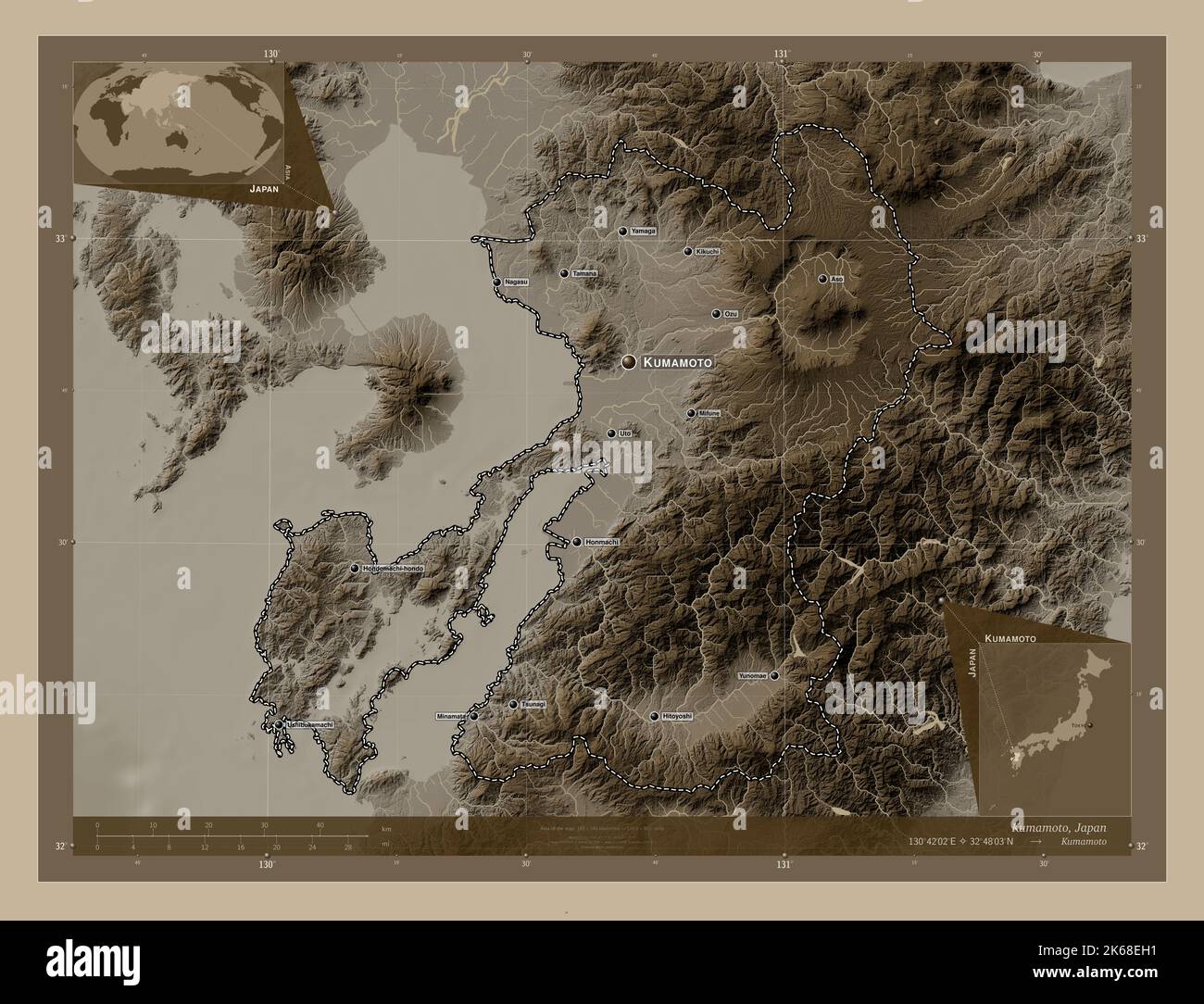 Kumamoto, prefecture of Japan. Elevation map colored in sepia tones ...