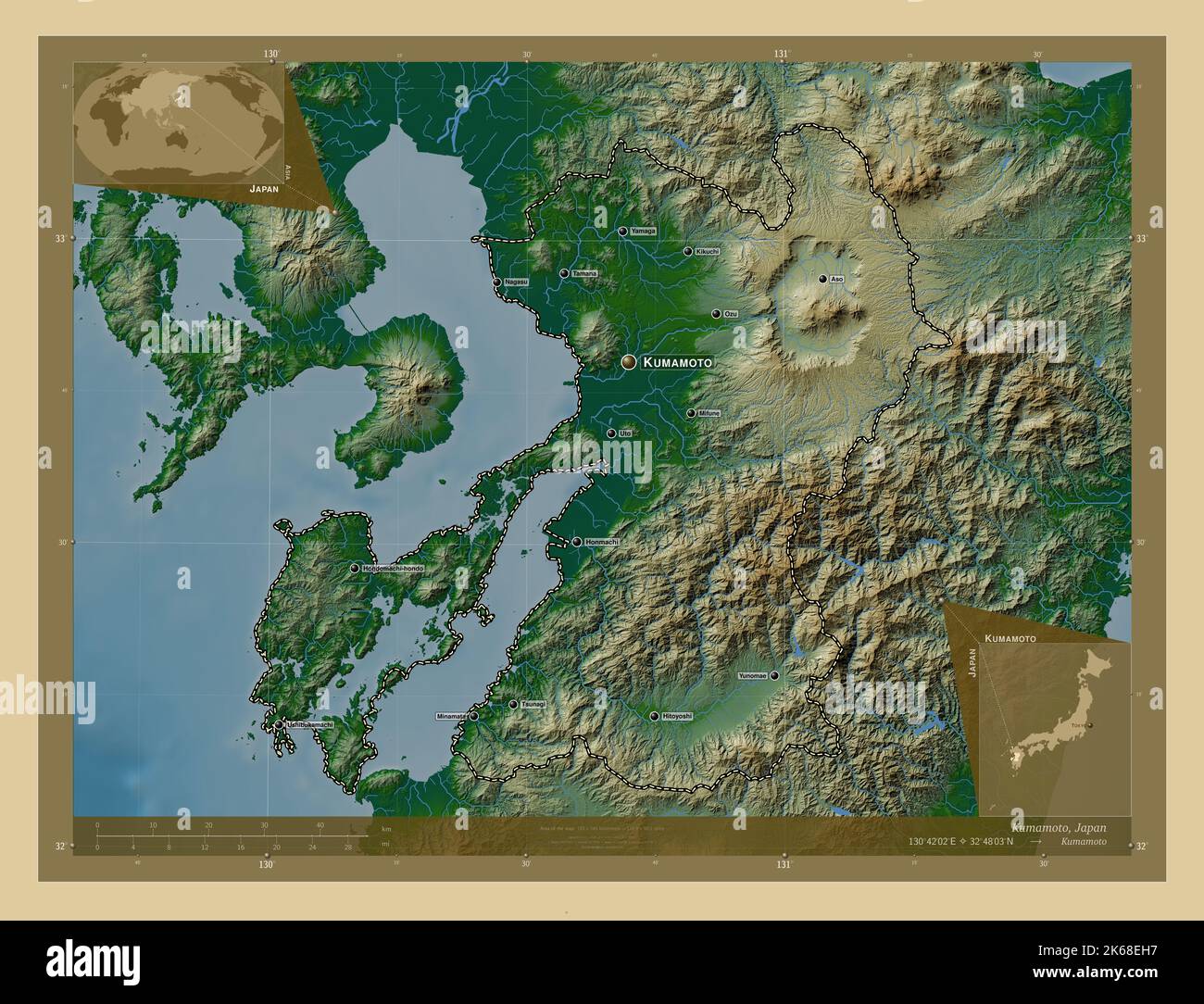 Kumamoto, prefecture of Japan. Colored elevation map with lakes and ...