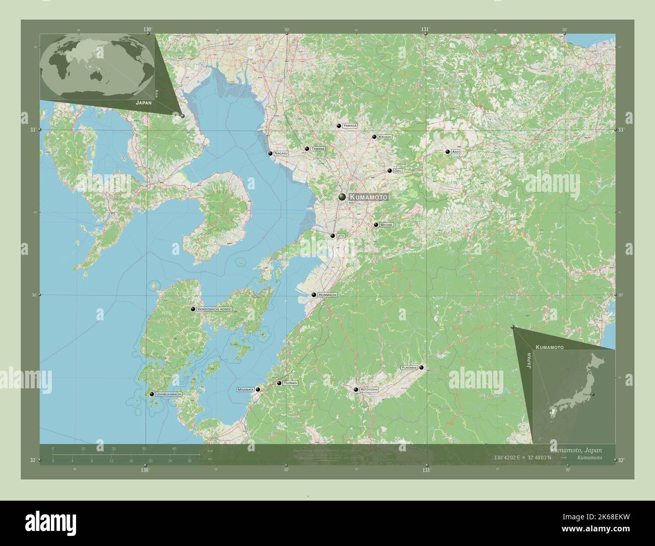 Kumamoto, prefecture of Japan. Open Street Map. Locations and names of ...