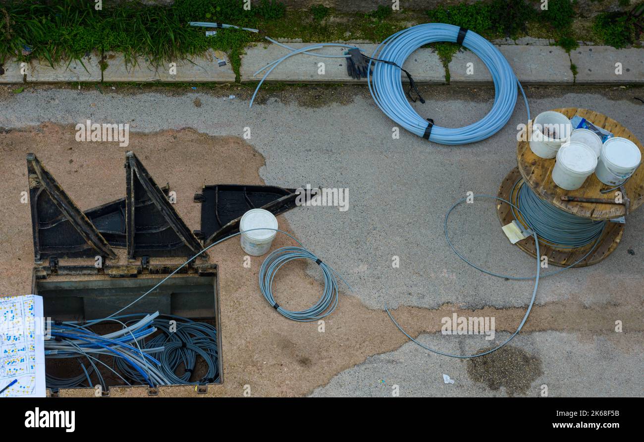 work under way in a cockpit road for telephone network voice and data ...