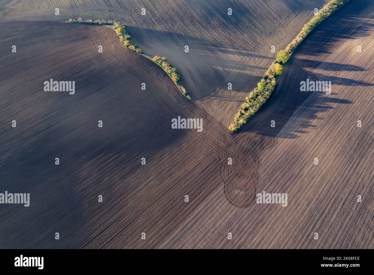 Autumn farmland and trees in Czech Moravia seen from above, patterns ...