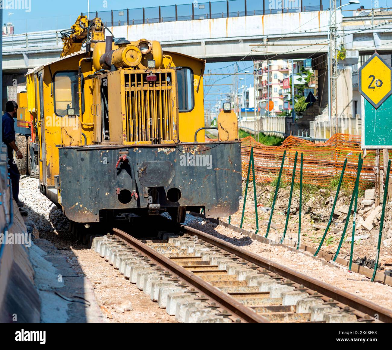 Construction of a new railway line at a city station. Hydraulic lifting ...