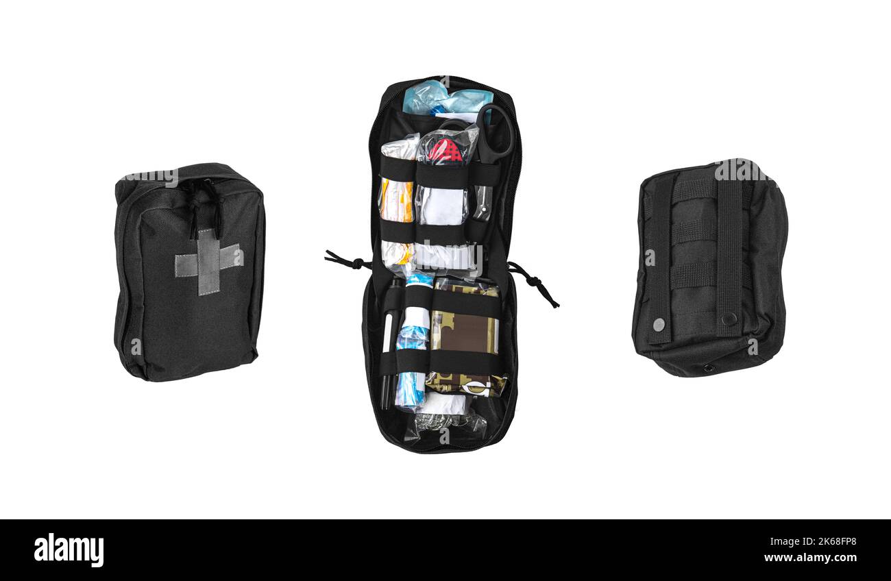 Modern military field first aid kit. A soft zippered bag with a medical ...