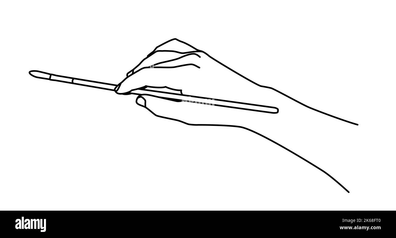 Hand holding a brush hand drawn with thin line. Teaching painting ...