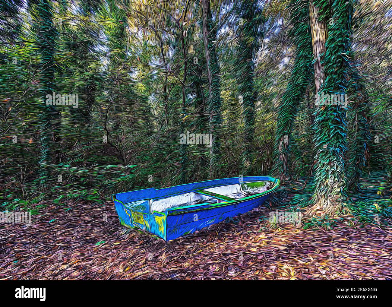 Old blue and green boat abandoned aground in a forest in a natural park ...