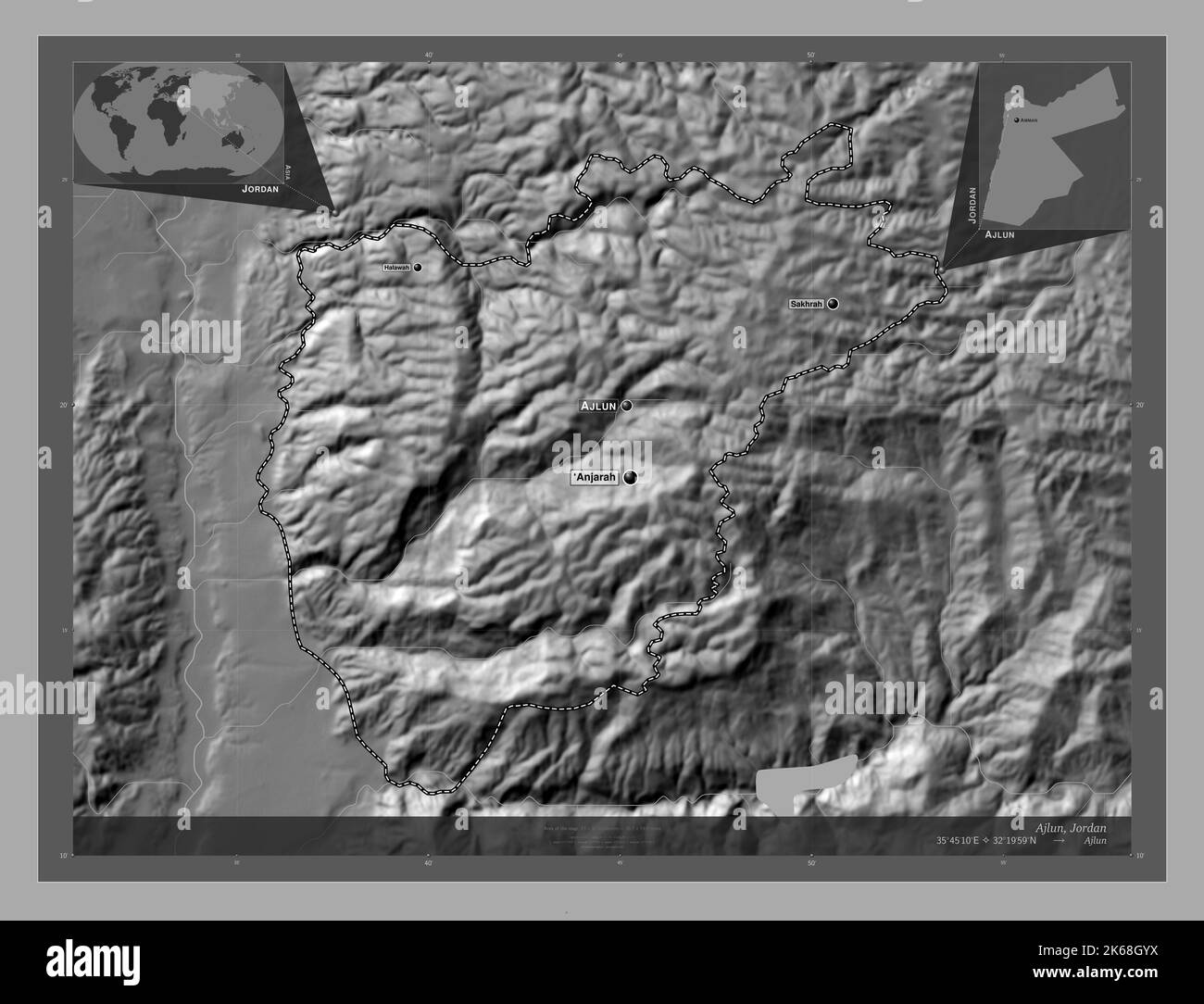 Ajlun, province of Jordan. Bilevel elevation map with lakes and rivers ...