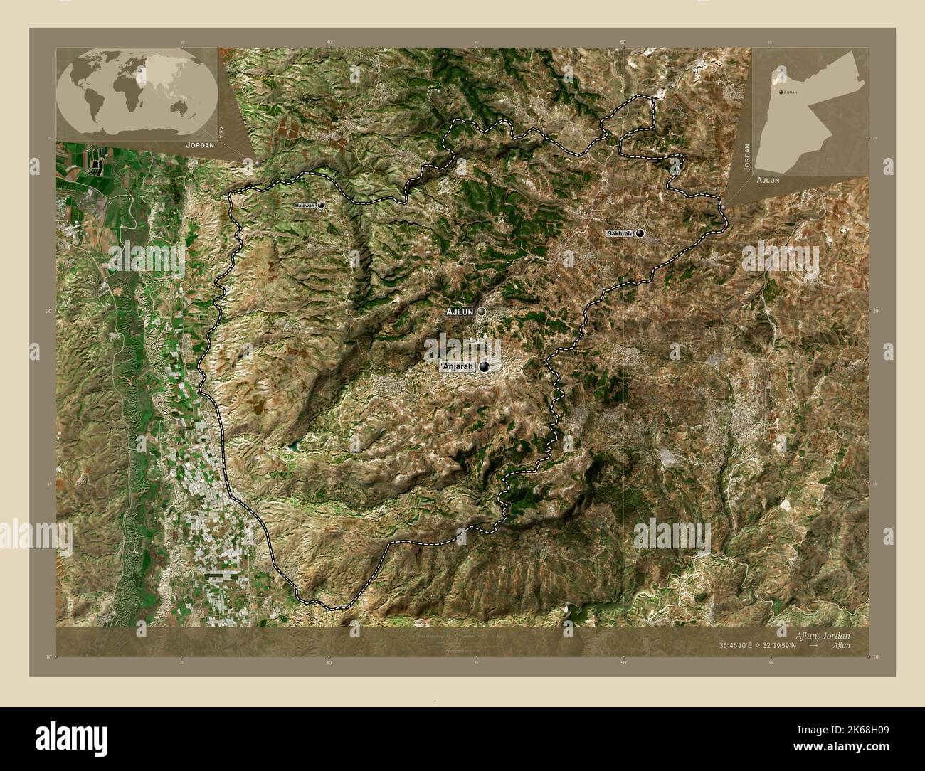 Ajlun, province of Jordan. High resolution satellite map. Locations and ...