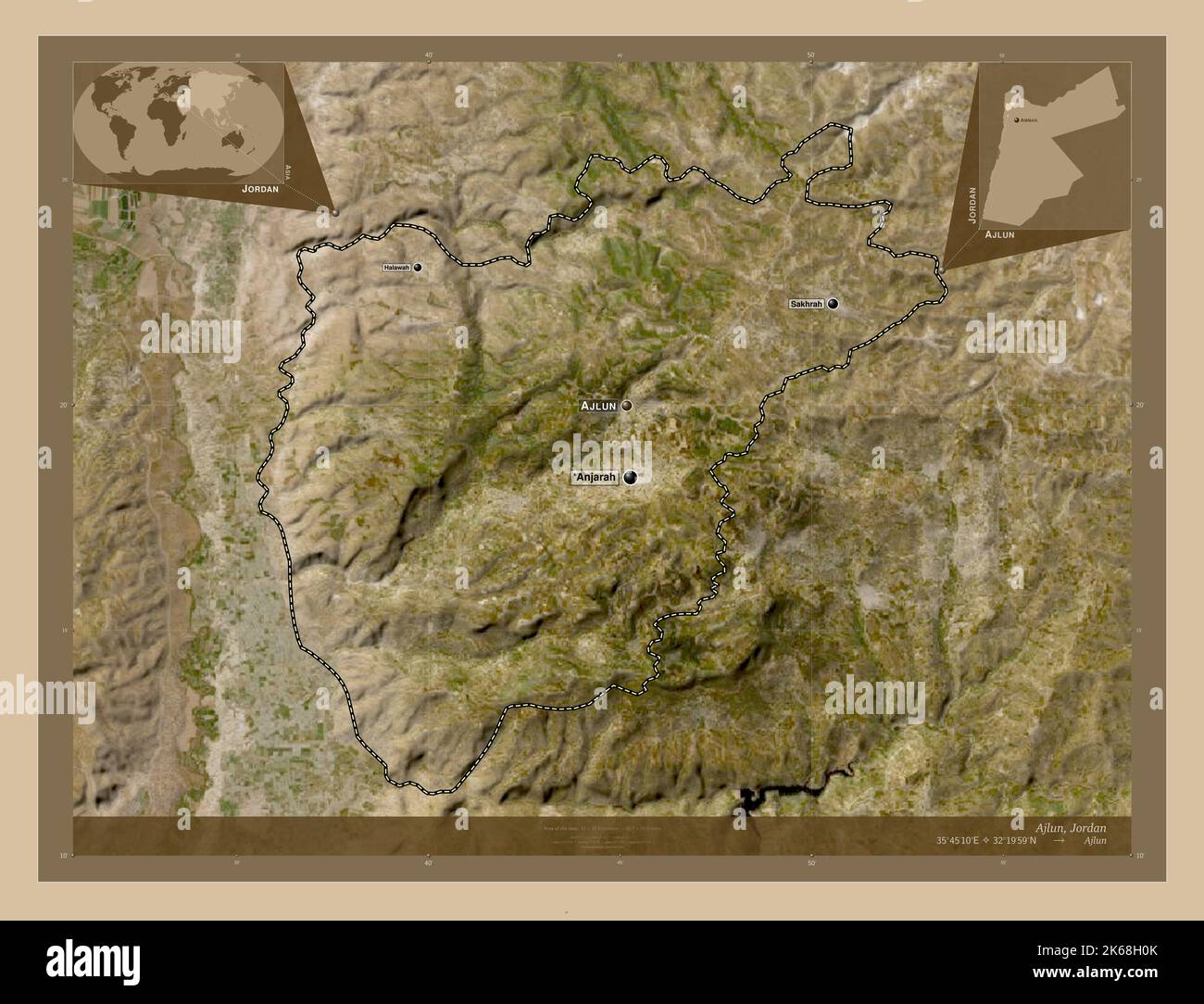 Ajlun, province of Jordan. Low resolution satellite map. Locations and ...