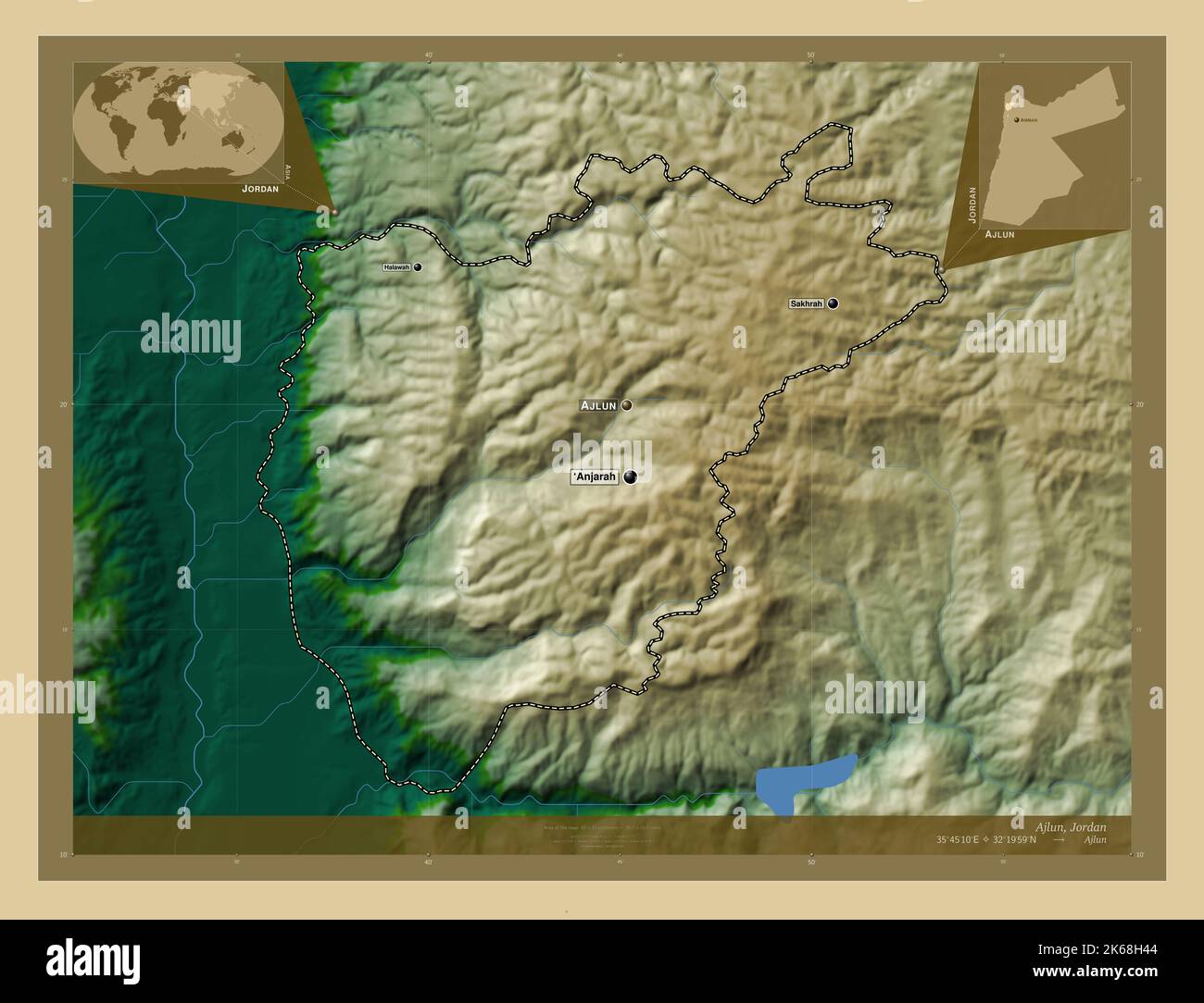 Ajlun, province of Jordan. Colored elevation map with lakes and rivers ...