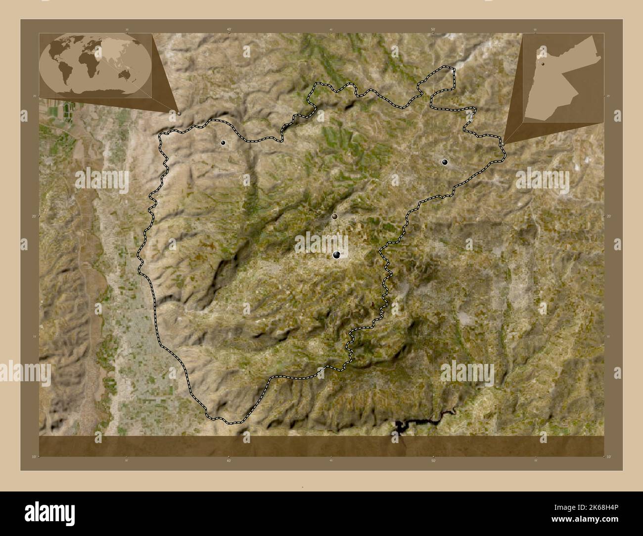 Ajlun, province of Jordan. Low resolution satellite map. Locations of ...