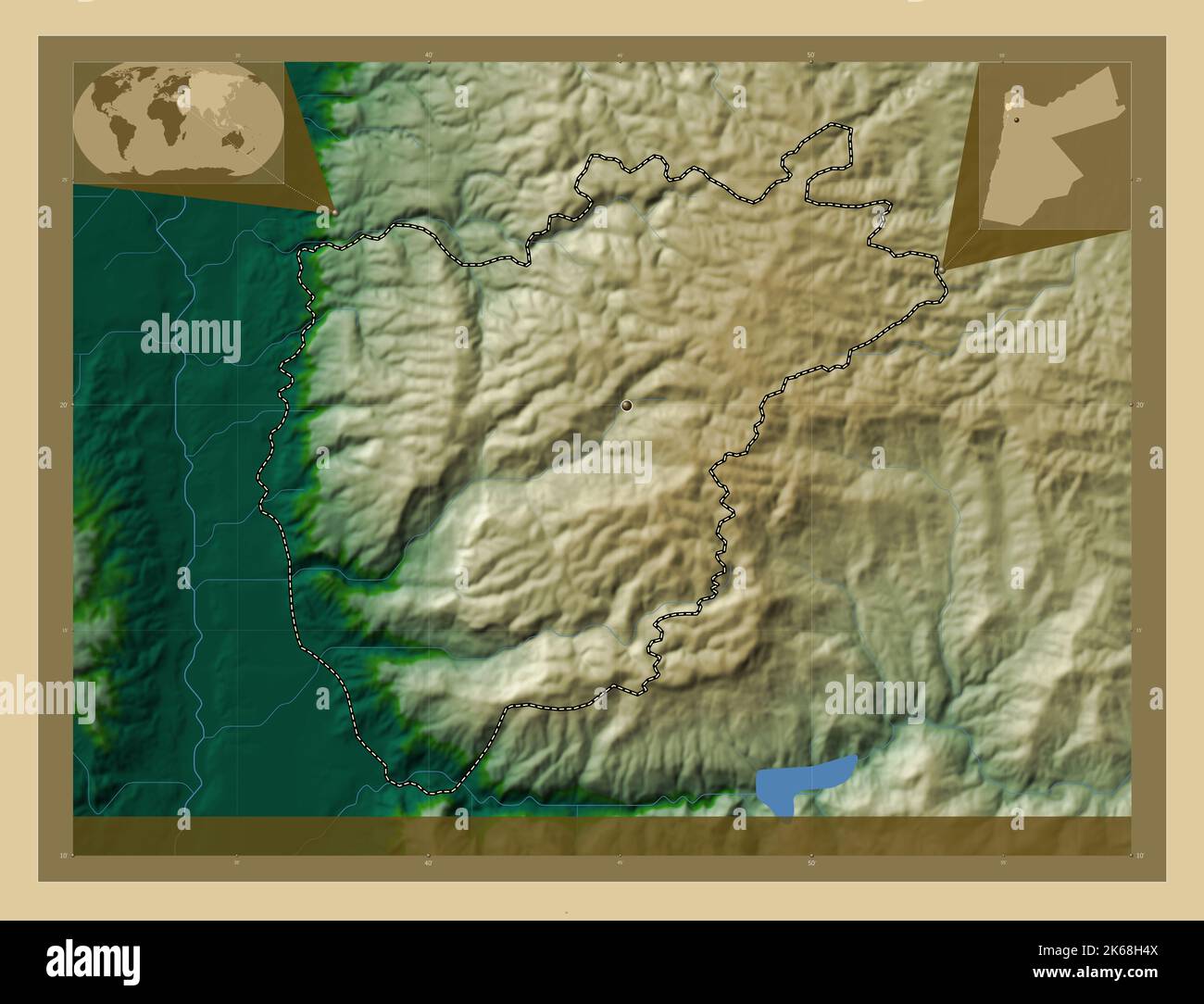 Ajlun, province of Jordan. Colored elevation map with lakes and rivers ...