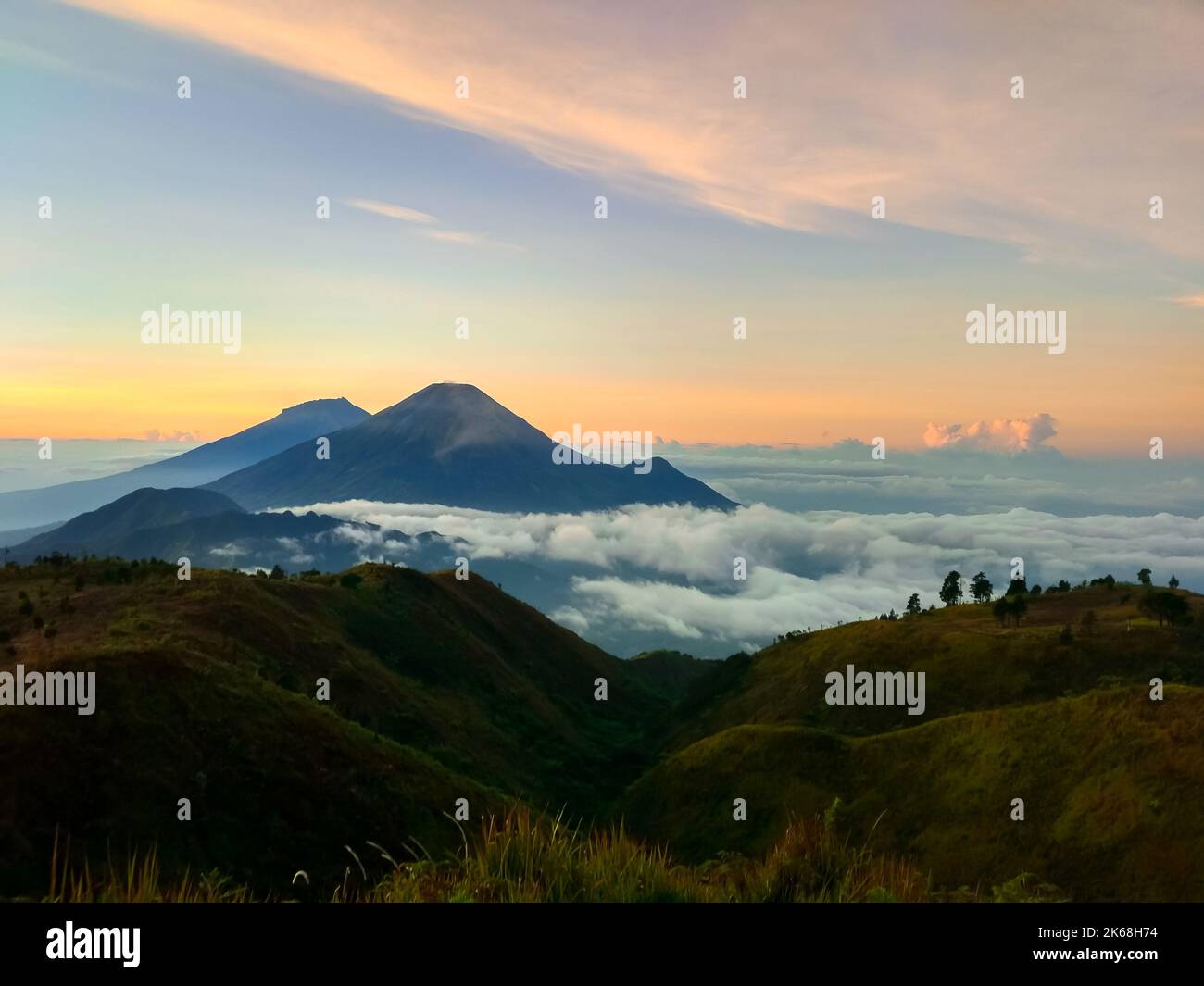 The top of the Mount Prau in Central Java, Indonesia at sunset Stock ...