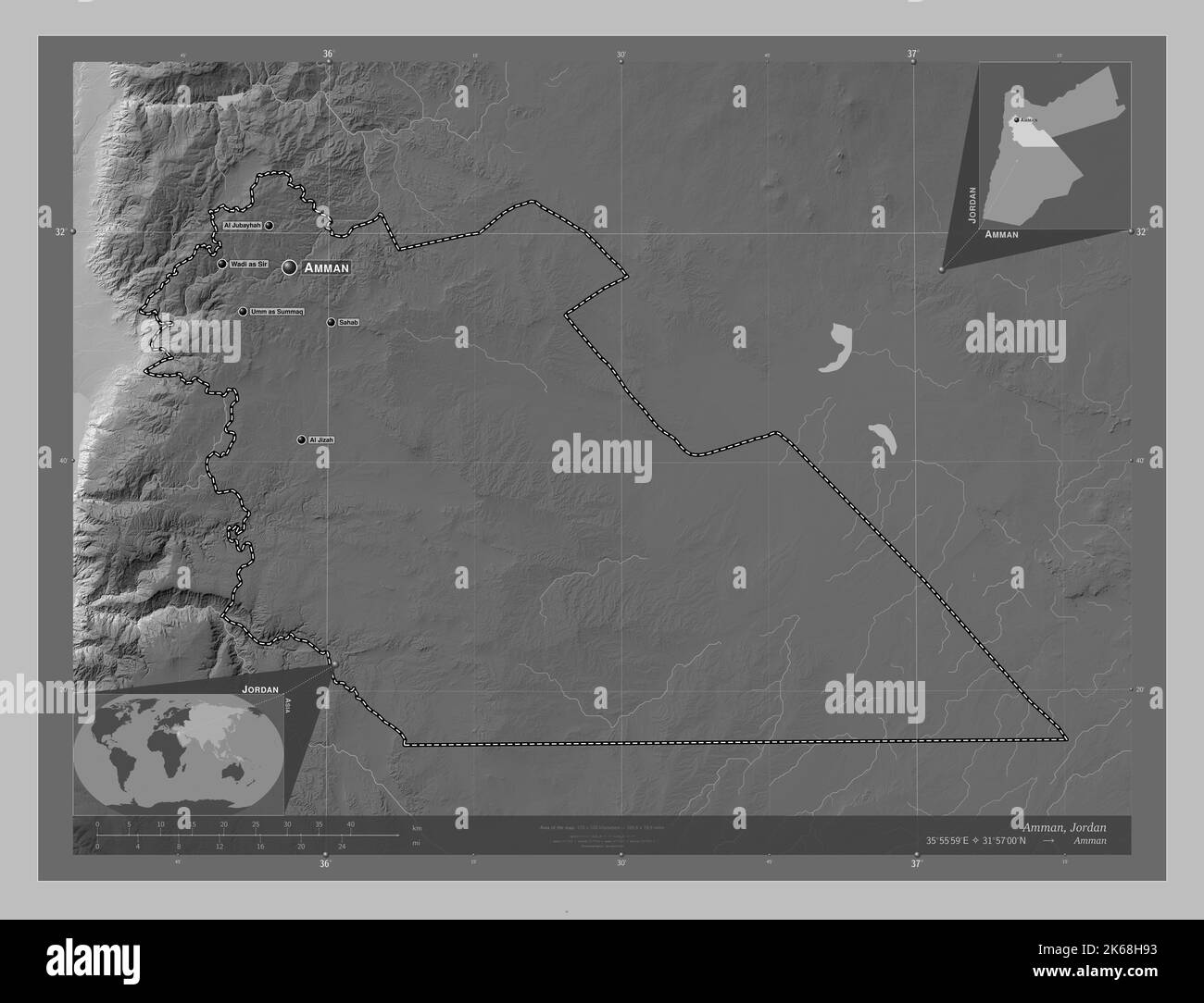 Amman, province of Jordan. Grayscale elevation map with lakes and ...