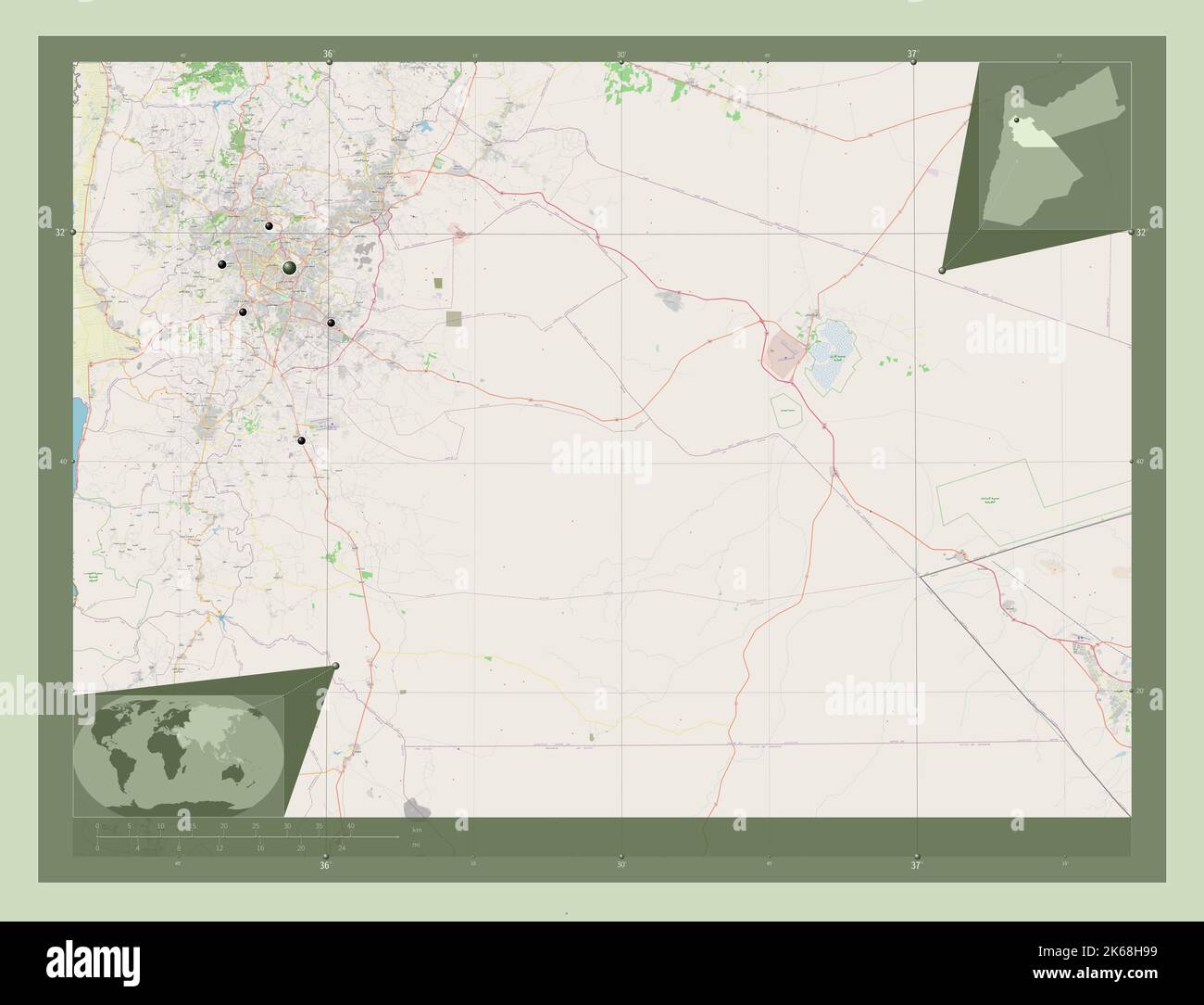 Amman, province of Jordan. Open Street Map. Locations of major cities of the region. Corner ...