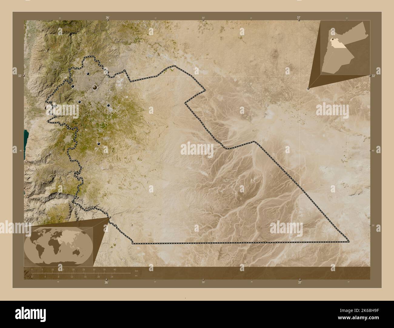 Amman, province of Jordan. Low resolution satellite map. Locations of ...