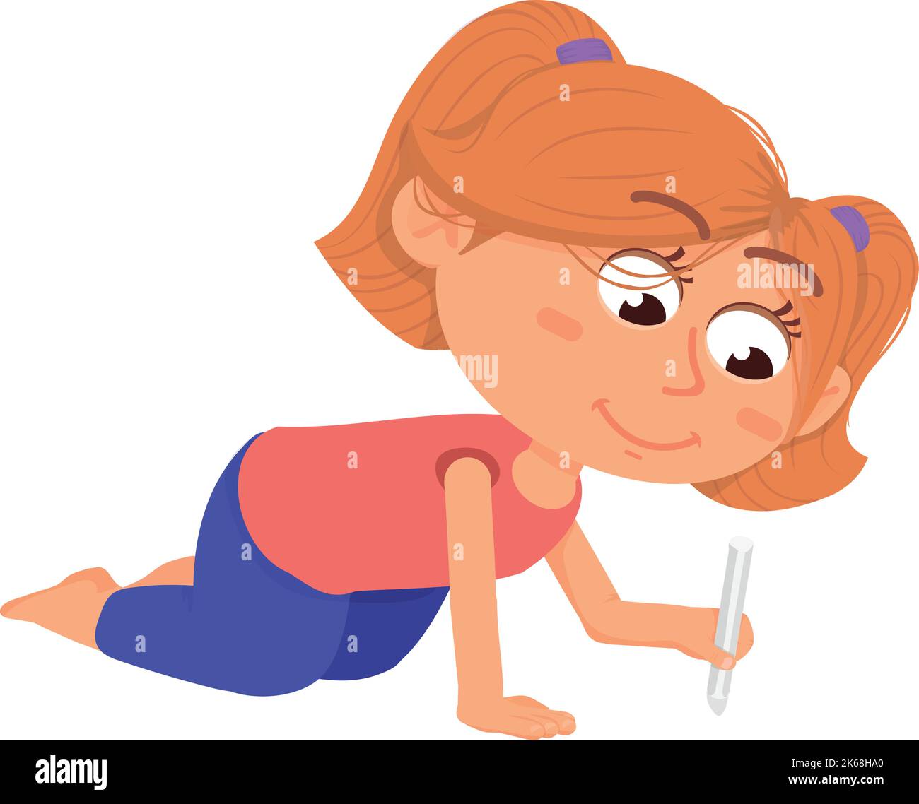 Girl drawing on ground. Cartoon kid with crayons. Creative child Stock ...