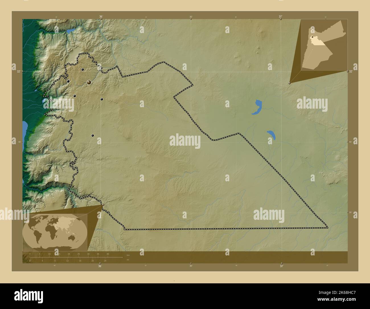 Amman, province of Jordan. Colored elevation map with lakes and rivers ...