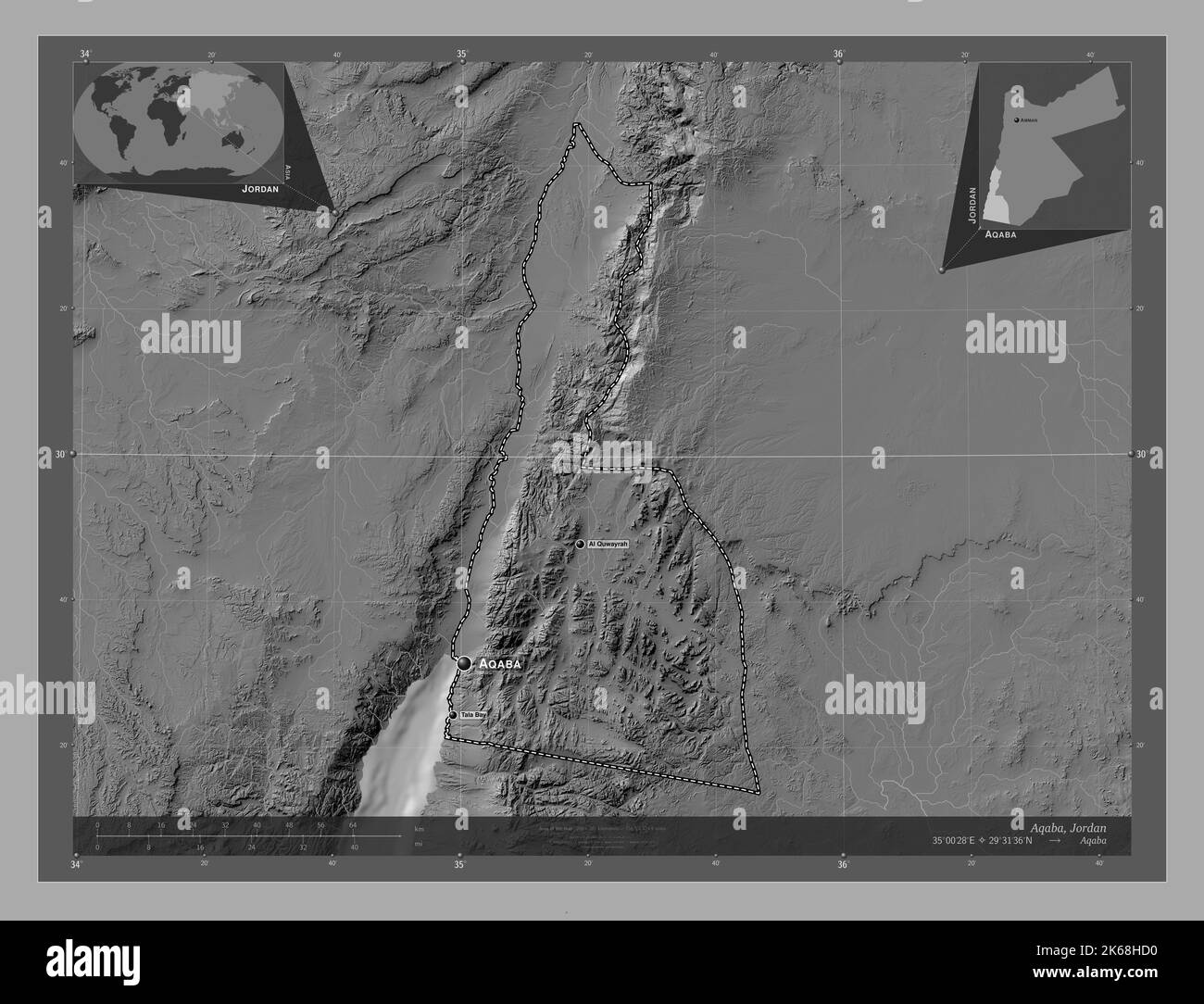 Aqaba, province of Jordan. Bilevel elevation map with lakes and rivers ...