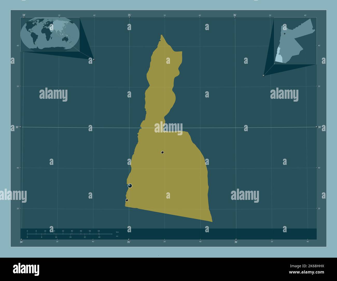 Aqaba, province of Jordan. Solid color shape. Locations of major cities ...